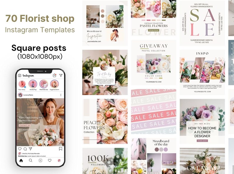 140 Florist Instagram Templates, Pastel Flower Shop, Editable Canva ...