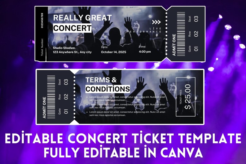 Editable Concert Ticket Canva Template, Printable Event Ticket, Custom Concert Ticket Invitation ...