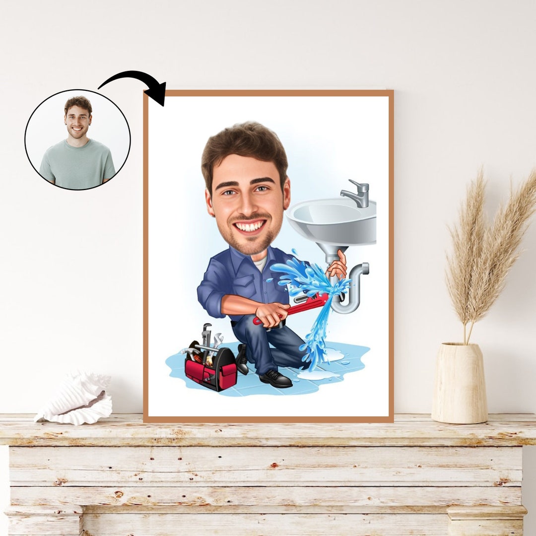 Custom Plumber Caricature: Personalized Plumbing Portrait Illustration ...