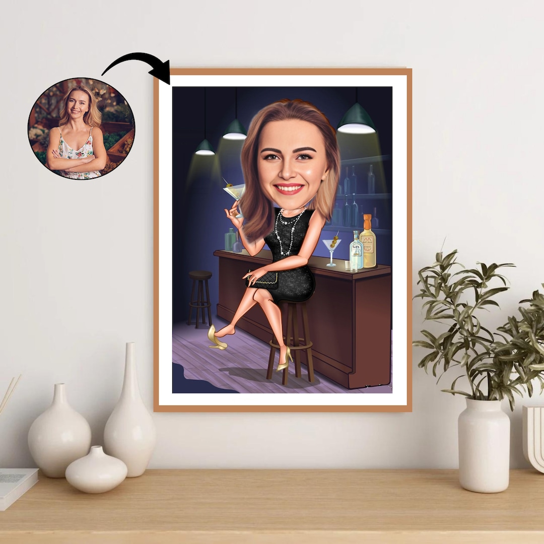 Personalized Caricature, Woman Drinking Illustration, Custom Bar Scene ...