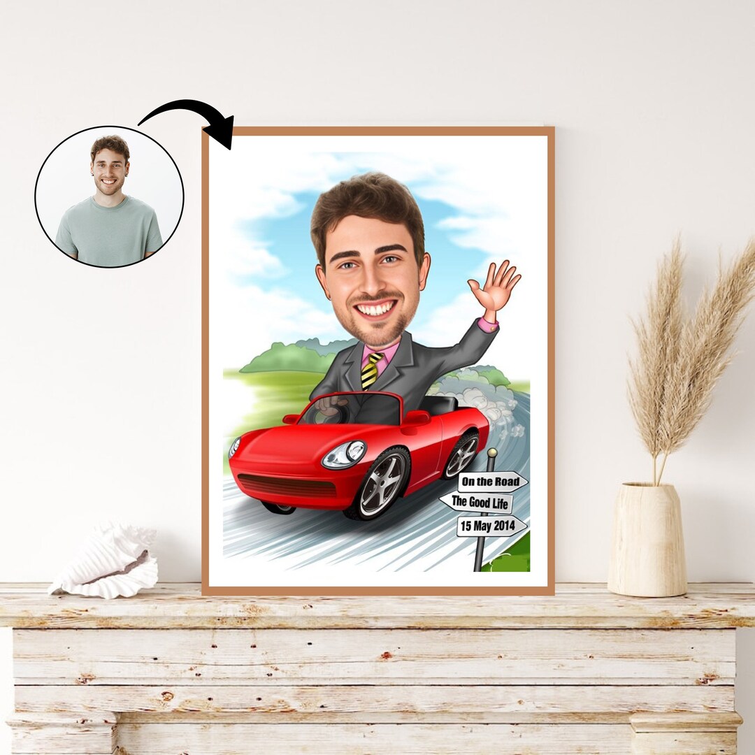 Personalized Caricature: Stylish Man in Red Sporty Car - Custom Car ...