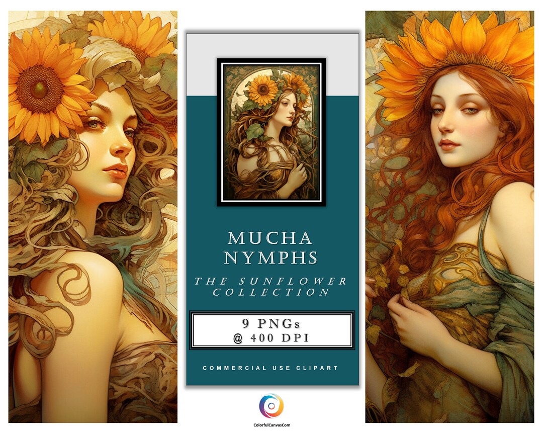 Mucha Nymphs: the Sunflower Collection – Set of 9 Digital Art PNG ...