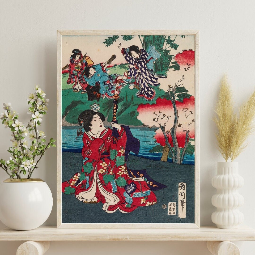 Japanese Watercolour Painting Tale of Genji Edo Period Wall Art Unique ...