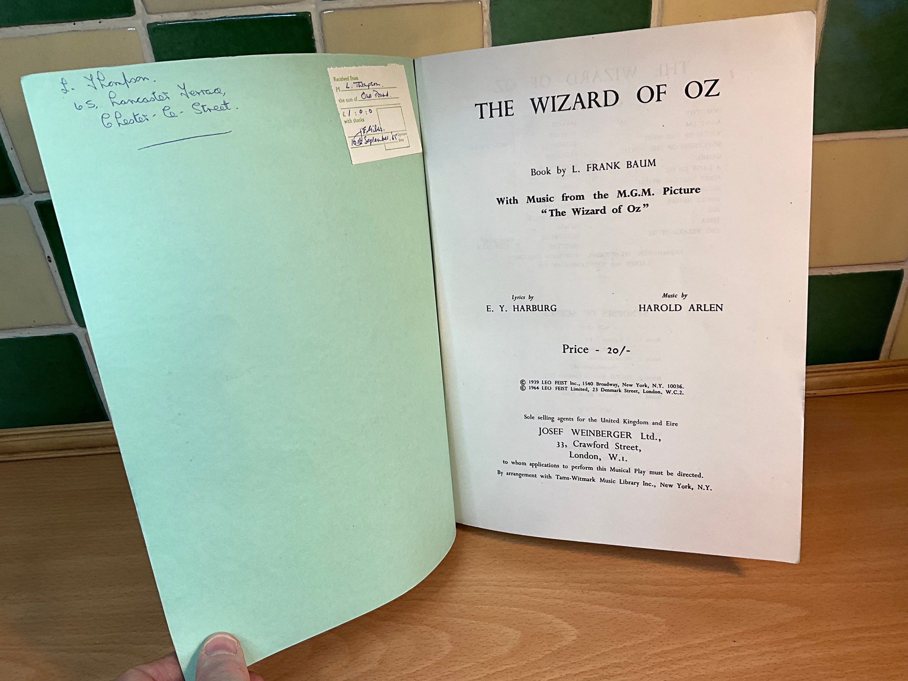 The Wizard of Oz by L. Frank Baum Vocal Score With Music - Etsy