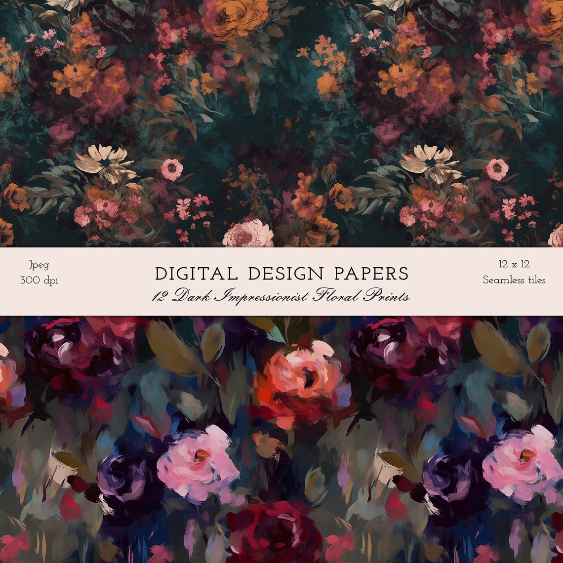 Dark Impressionist Floral Prints - Seamless Digital Printable Paper Patterns - Instant Download ...