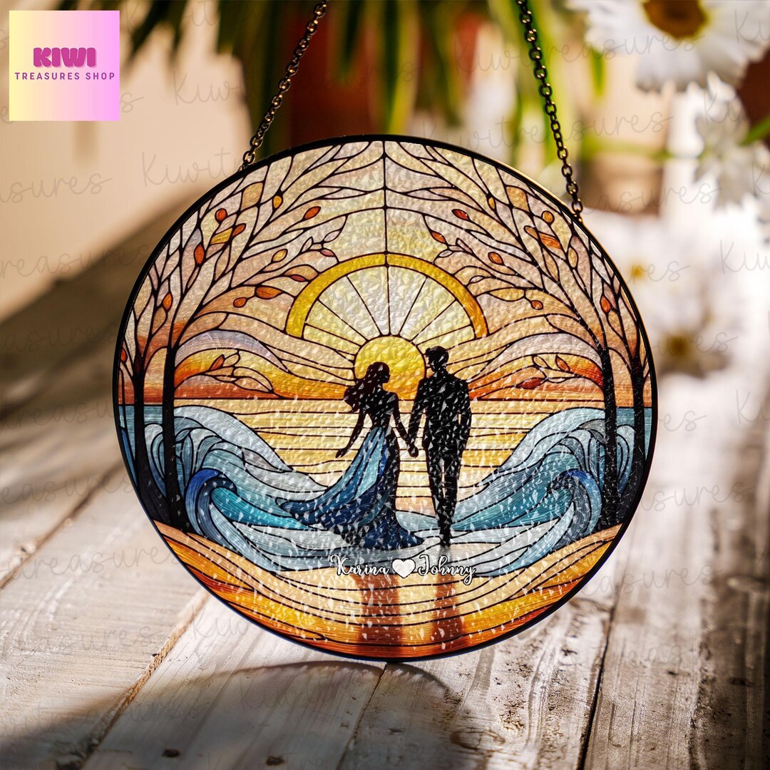Personalized Beach Couple Glass Sun Catcher Custom Romantic Ornament ...
