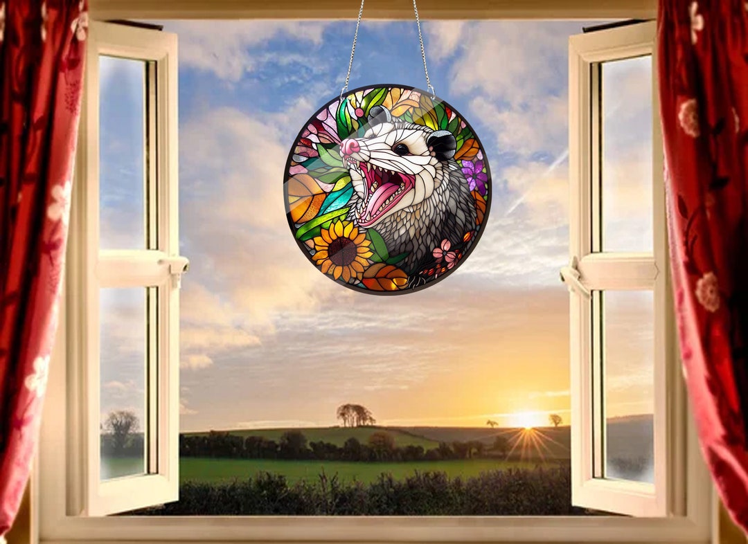 Cute Opossum in Flower Garden Window Art, Acrylic Window Hanging ...
