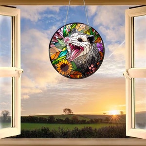 Cute Opossum in Flower Garden Window Art, Faux Stain Glass, Acrylic ...