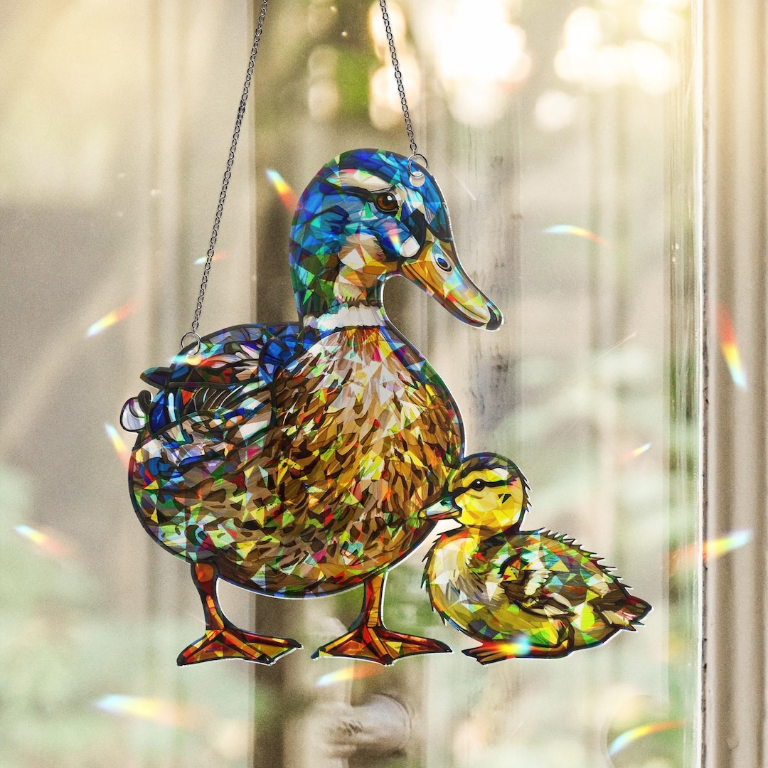 Holographic Mallard Duck Suncatcher: Mother & Baby Window Hanging - Etsy