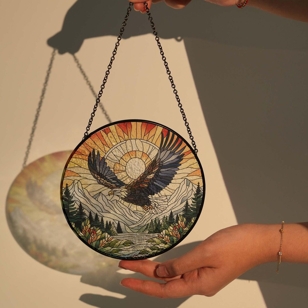Bald Eagle Flying Glass Suncatcher: Mountain Landscape Window Hanging ...