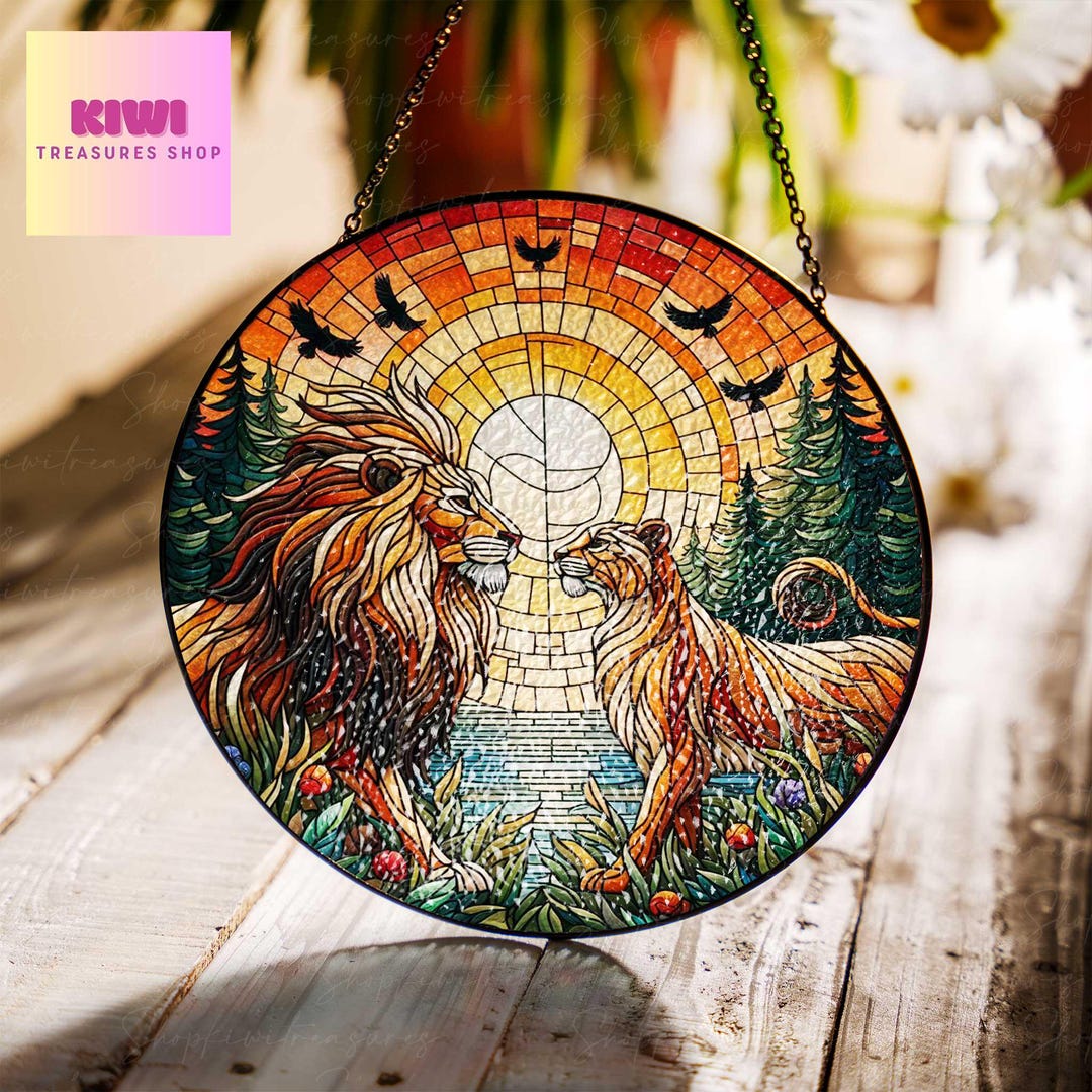 Lion Couple GLASS Suncatcher Hanging, Lion Window Hanging, Wildlife ...