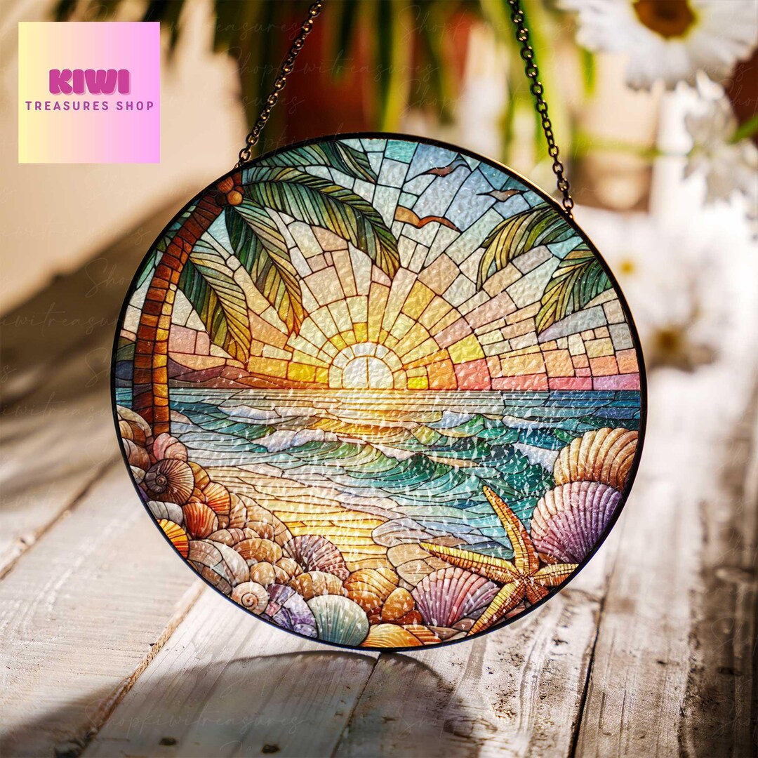 Coastal Seashell Sunset Beach Glass Suncatcher Beachy Starfish Ornament ...