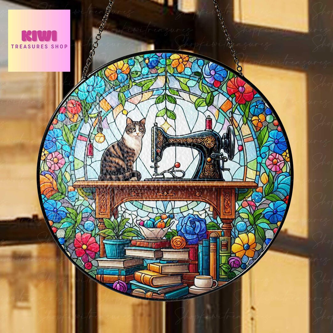 Sewing Machine Cat Suncatcher: Floral Glass Window Hanging - Etsy