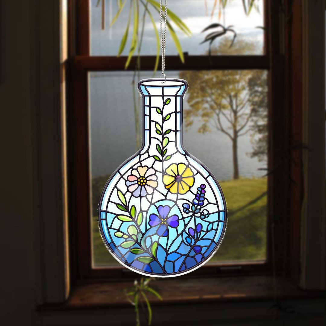 Floral Science Flask Acrylic Window Hanging: Stained Glass Art - Etsy
