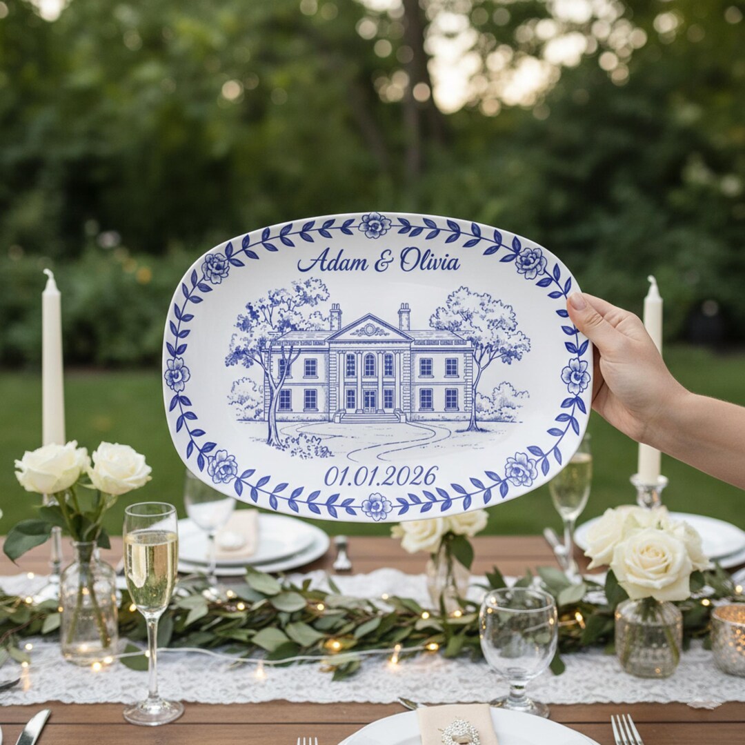 Custom Wedding Venue Platter: Blue Toile Illustrated Venue Decor - Etsy