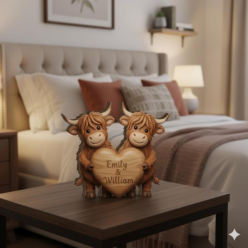 Custom Highland Cow Couple Wooden Blocks: Personalized Cow Wood Table ...
