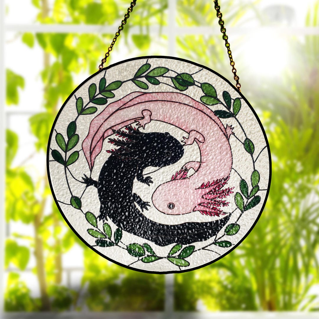 Yin-yang Axolotls Glass Suncatcher, Colorful Axolotl Window Decor for ...