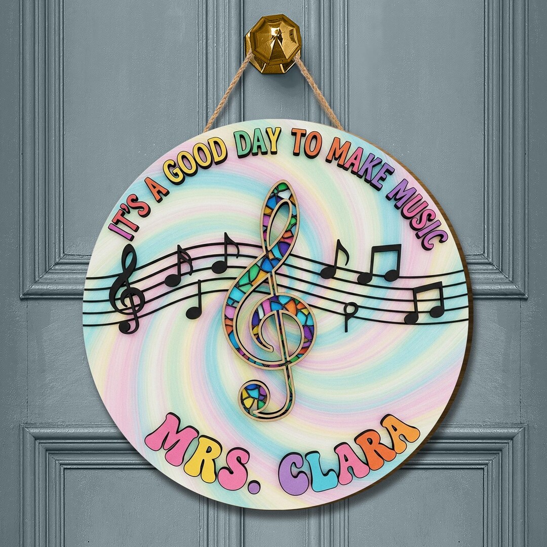 Custom Music Teacher Sign: 3D Wooden Rainbow Treble Clef Classroom ...