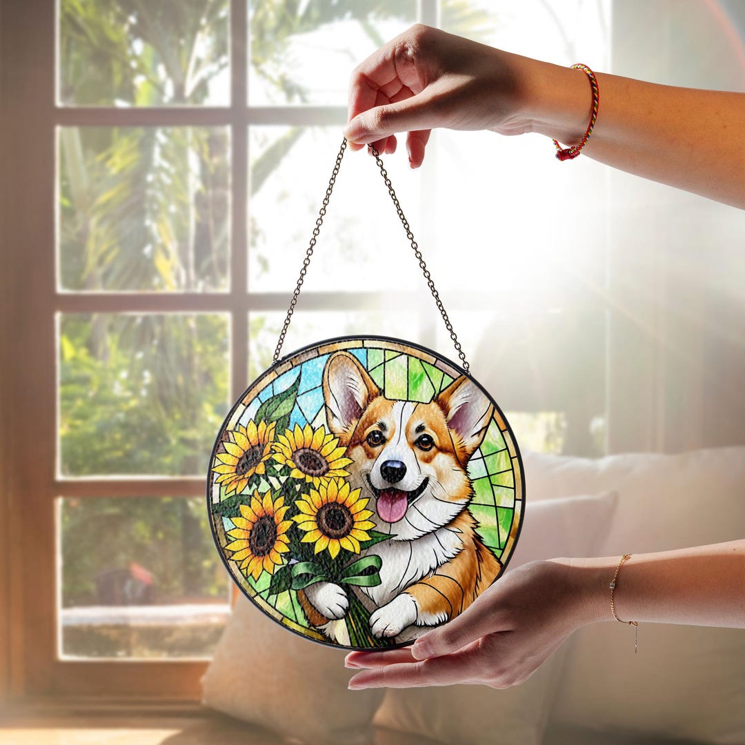 Corgi and Sunflowers GLASS Suncatcher Hanging, Corgi Mom Idea Gift, Dog ...