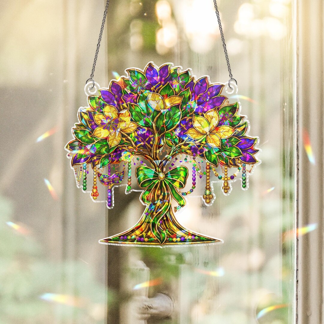 Mardi Gras Tree of Life Acrylic Suncatcher, Holographic Window Hanging ...