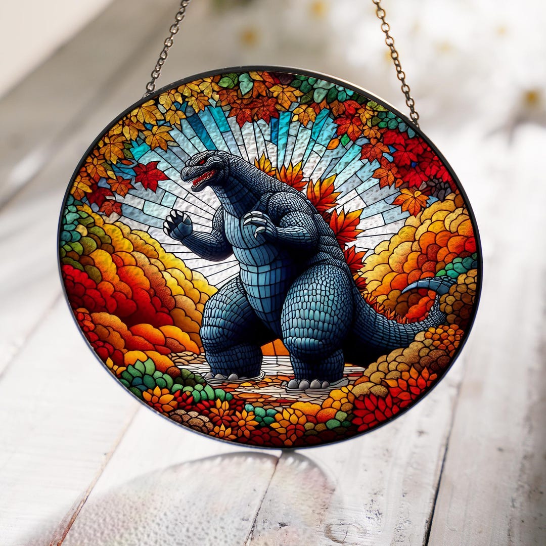 Godzilla Autumn Forest GLASS Window Hanging, Godzilla Glass Ornament ...