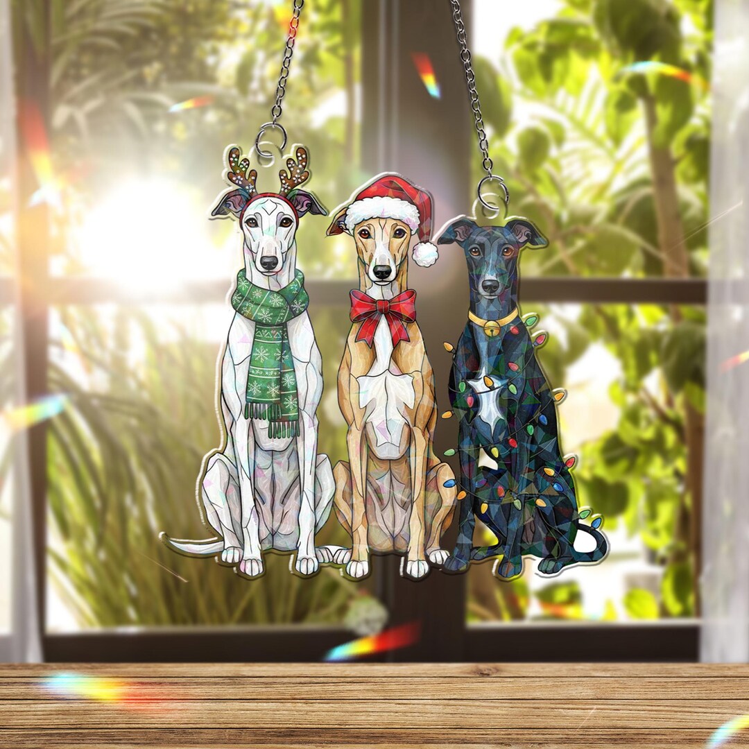 Three Greyhound Dogs Christmas Window Hanging: Acrylic Hologram ...