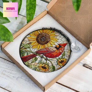 Cardinal and Sunflowers GLASS Suncatcher Hanging, Birds Glass Hanging ...