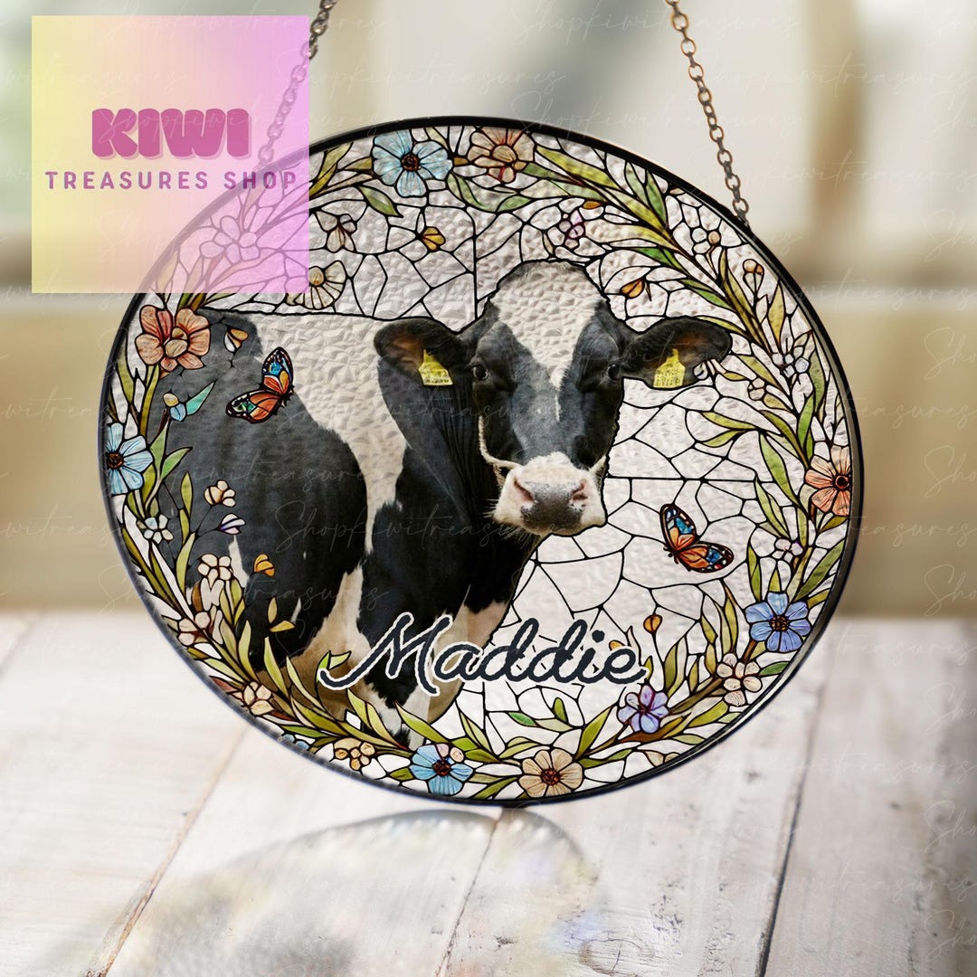 Custom Dairy Cow Portrait Glass Suncatcher, Stained Glass Cow Memorial ...