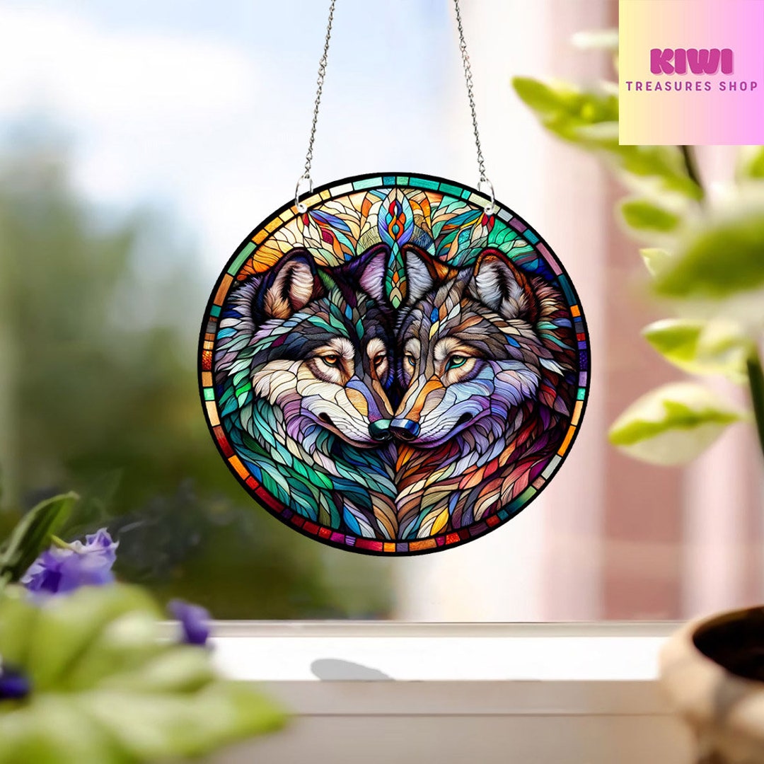 Wolf Couple Acrylic Window Hanging, Wolf Faux Stained Glass, Wolf ...