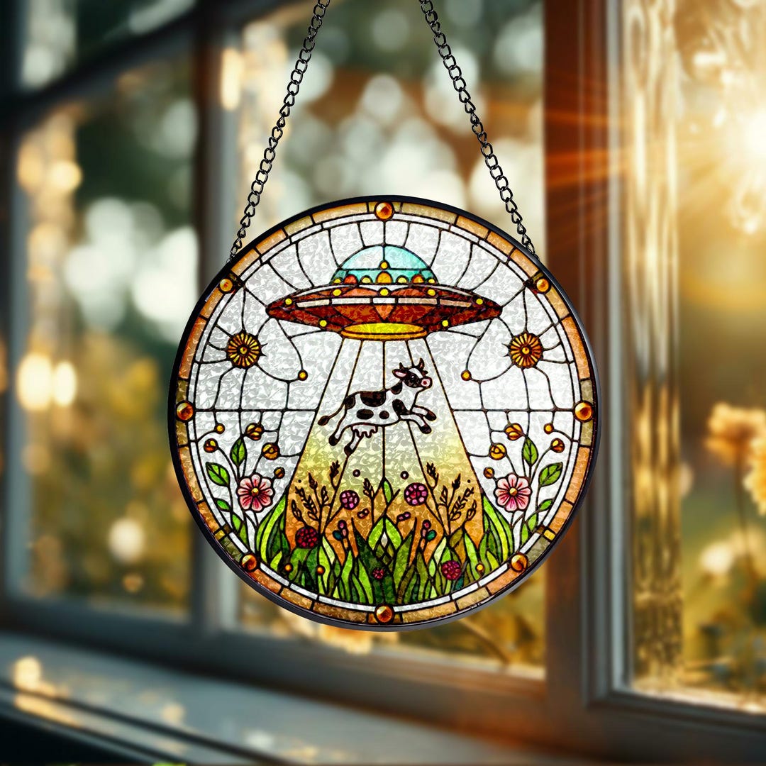 UFO Abduction Cow Wildflowers Glass Suncatcher - Funny Gifts for Women ...