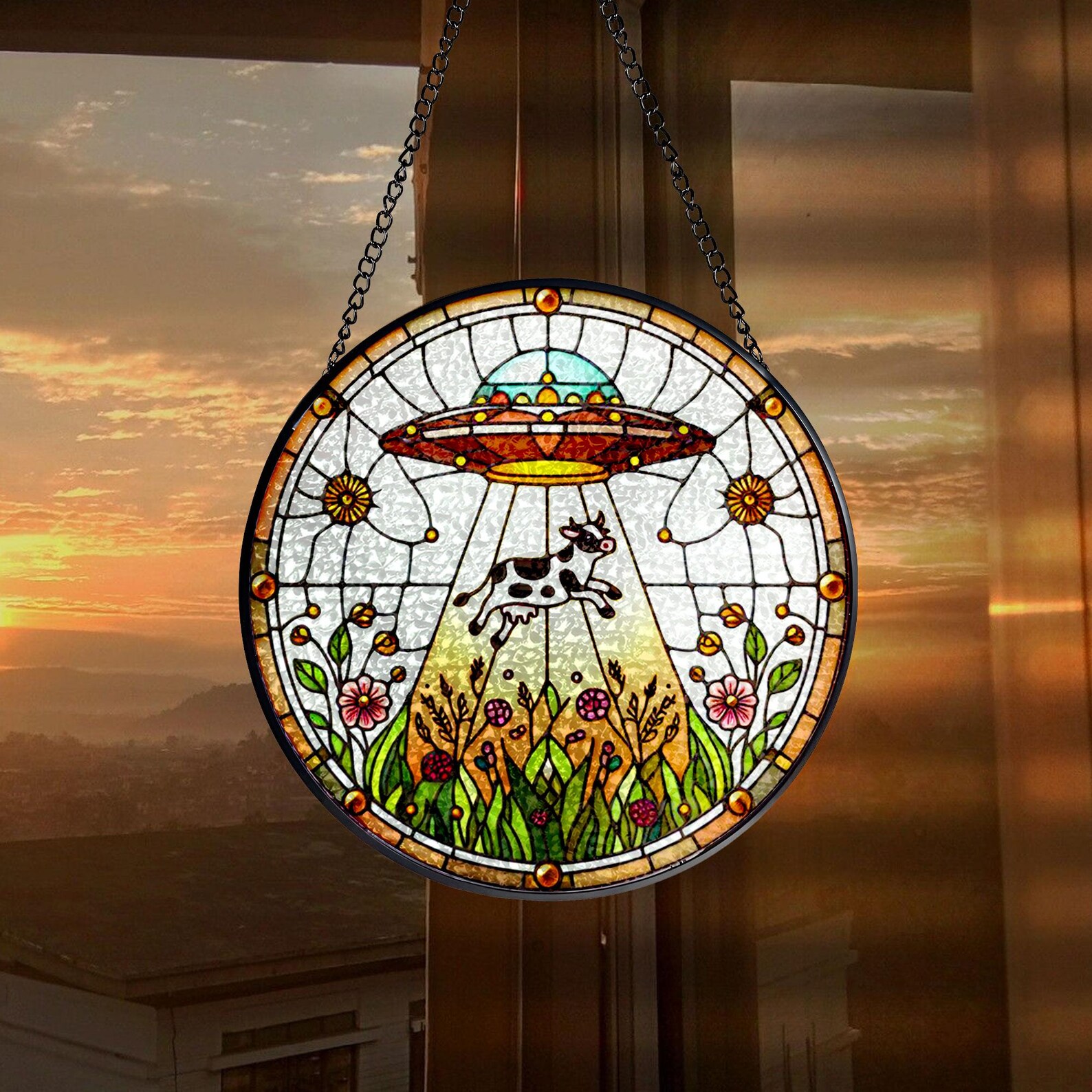 UFO Abduction Cow Glass Suncatcher: Funny Window Hanging Decor - Etsy
