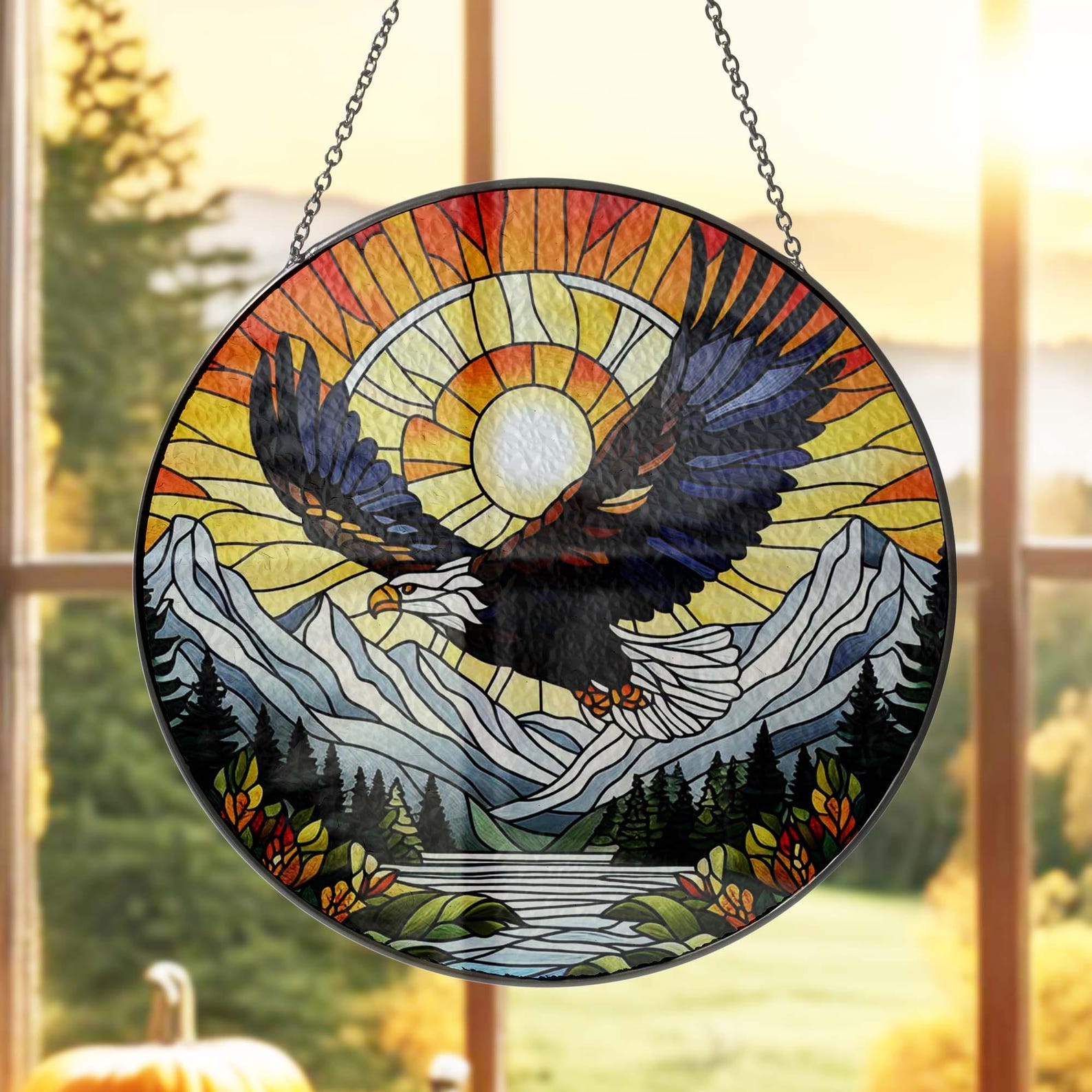Bald Eagle Flying Glass Suncatcher: Mountain Landscape Window Hanging ...