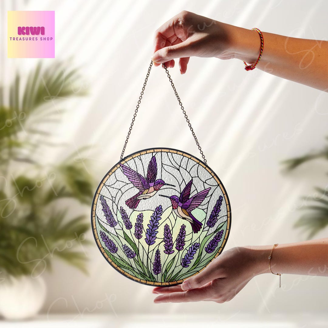 Hummingbirds Among Lavender Flowers Glass Suncatcher, Beautiful ...