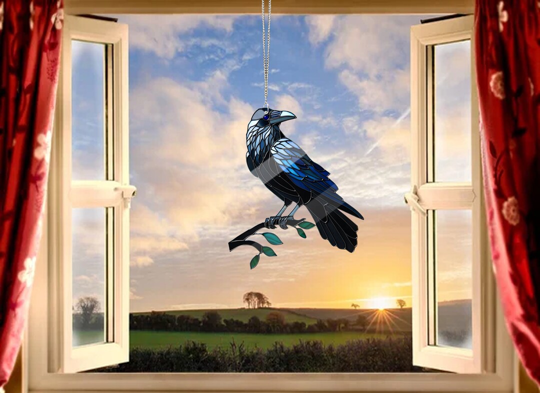 Raven Acrylic Window Hangings, Raven Faux Stained Glass, Gothic Raven ...