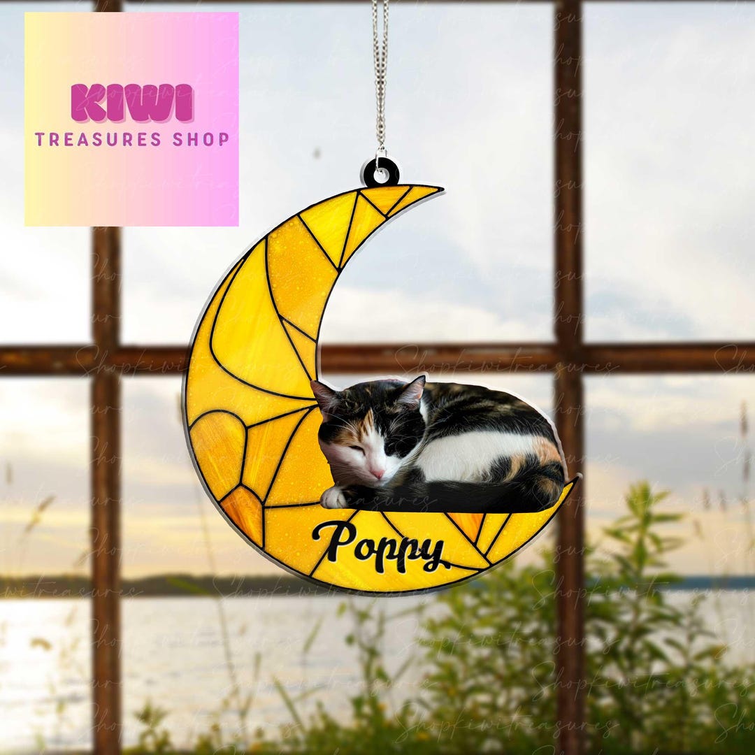 Personalized Sleeping Cat on Crescent Moon Acrylic Window Hangings ...