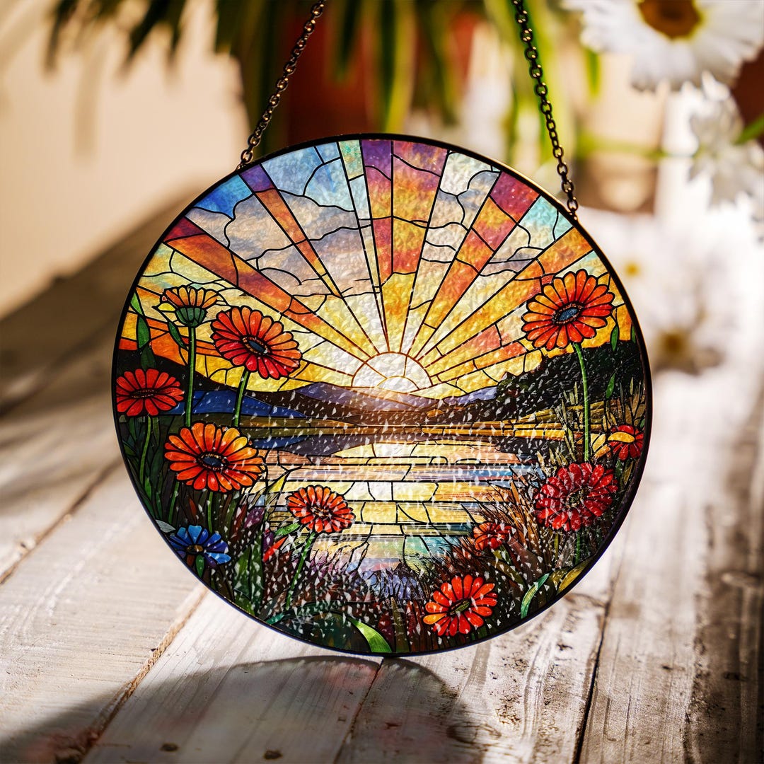 Gerbera Daisy Sunset Glass Suncatcher: Flower Landscape Window Hanging ...