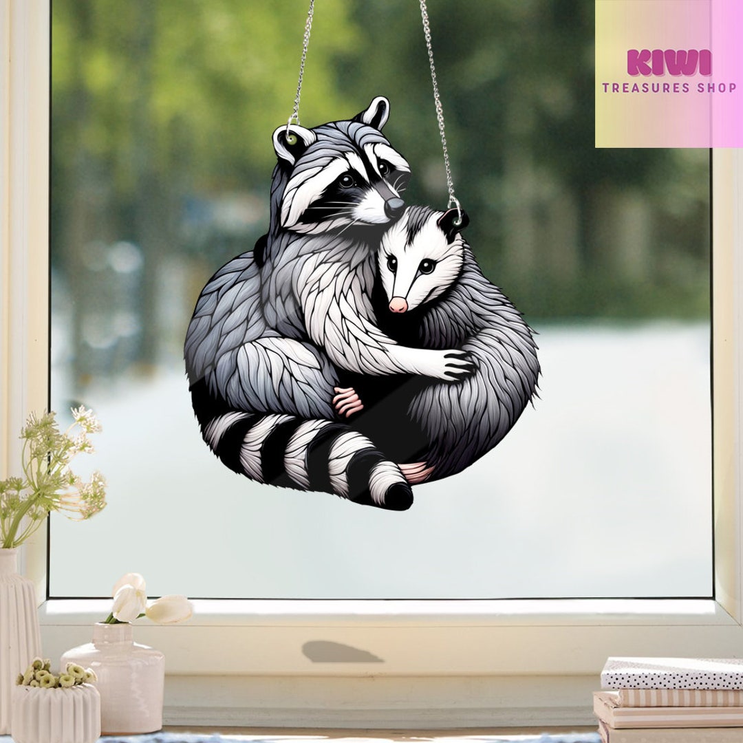 ACRYLIC Raccoon Hugging Opossum Window Hanging, Eat Trash, Stay Trasy ...