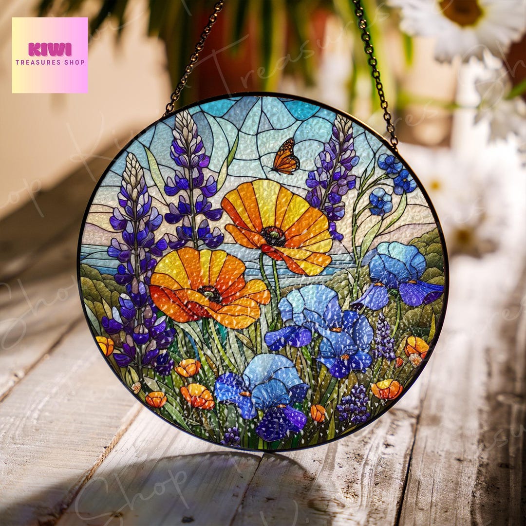 Bluebonnets and Orange Poppies GLASS Suncatcher Hanging, Orange Poppies ...