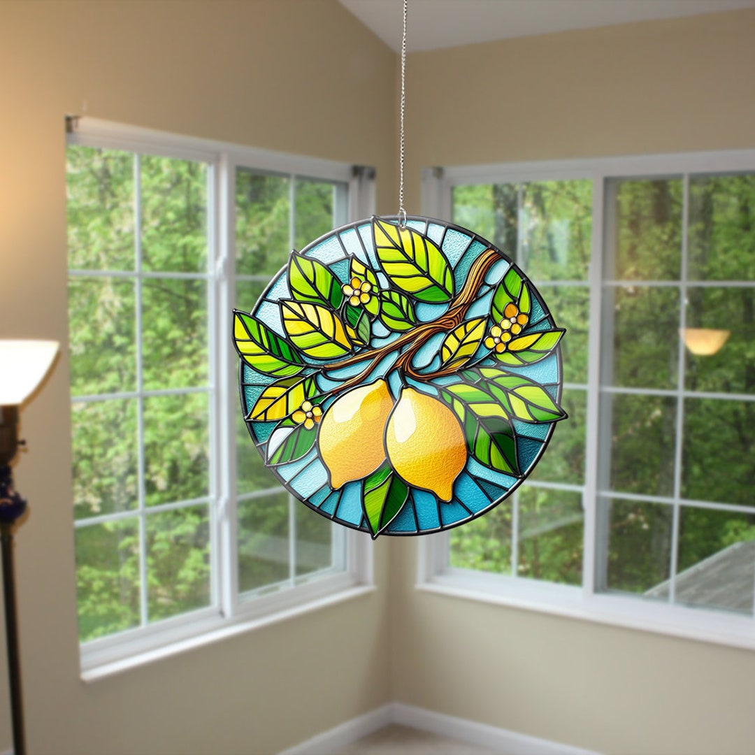 Lemon Branch ACRYLIC Window Hanging, Lemon Branch Faux Stained Glass ...