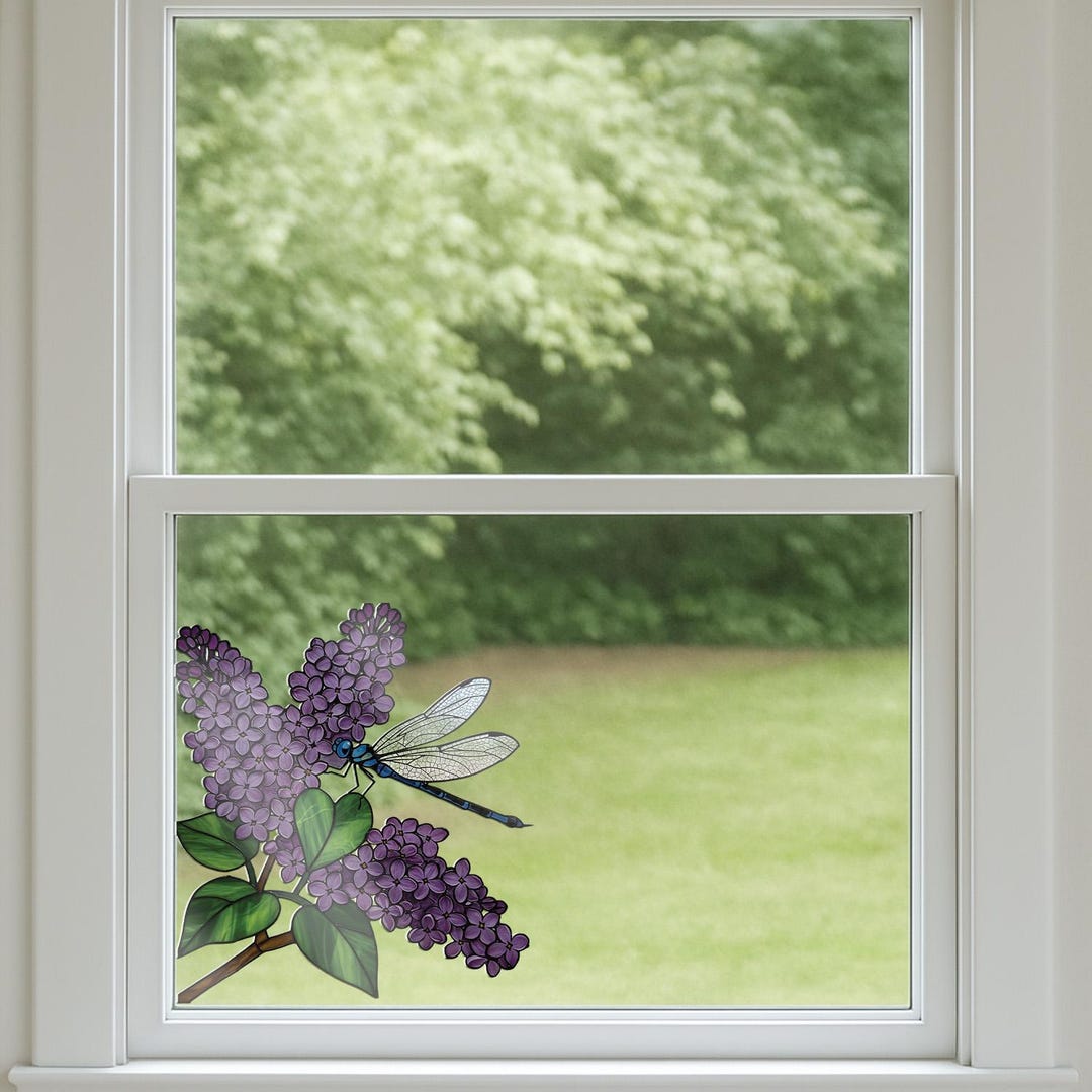 Dragonfly and Lilac Vinyl Window Decal – Floral Bird Suncatcher Sticker ...