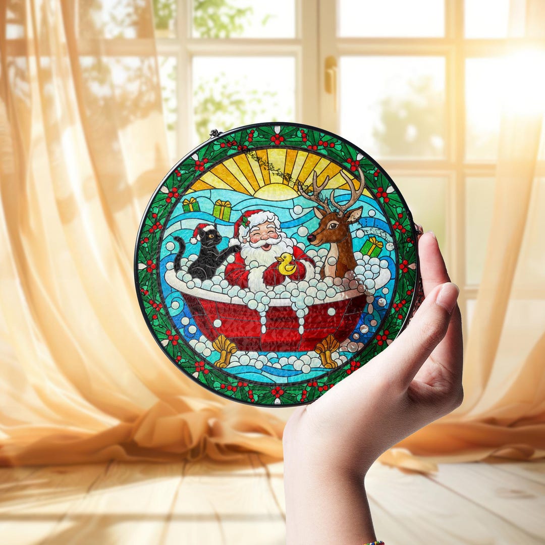Santa Bathtub Suncatcher – Funny Christmas Window Hanging Holiday Decor ...