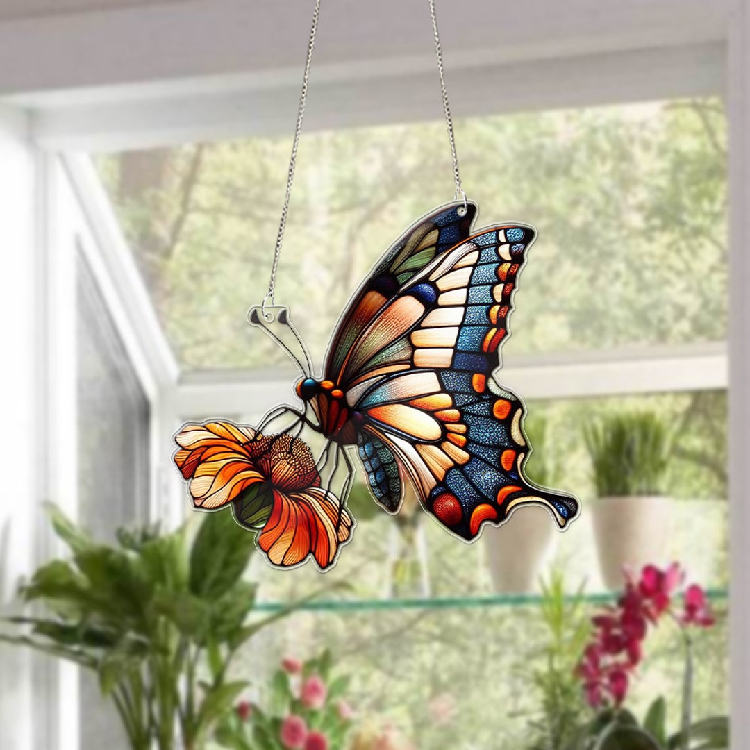 Butterfly Faux Stained Glass, Flowers Acrylic Window Hanging Art ...