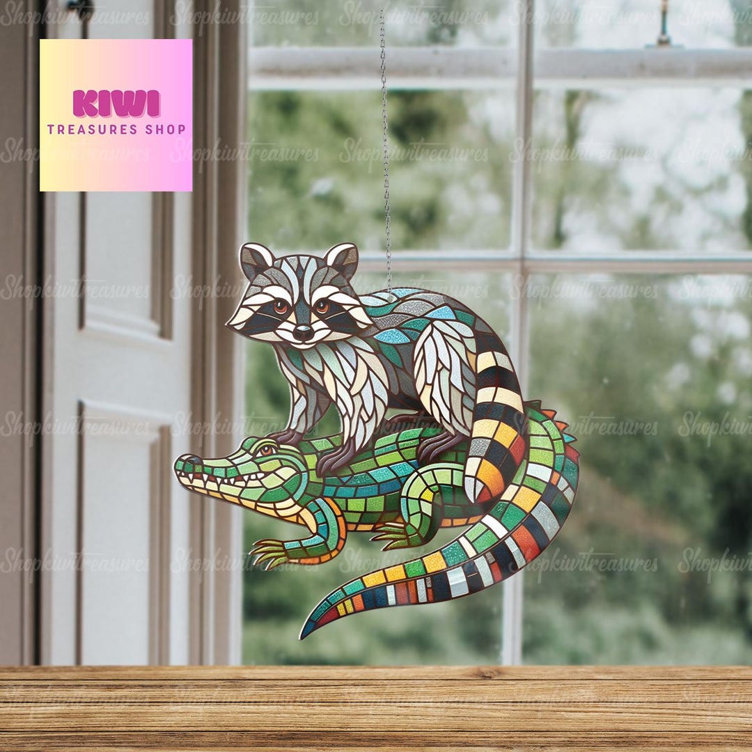 Raccoon Riding Alligator Window Decor, Raccoon Acrylic Window Hanging ...