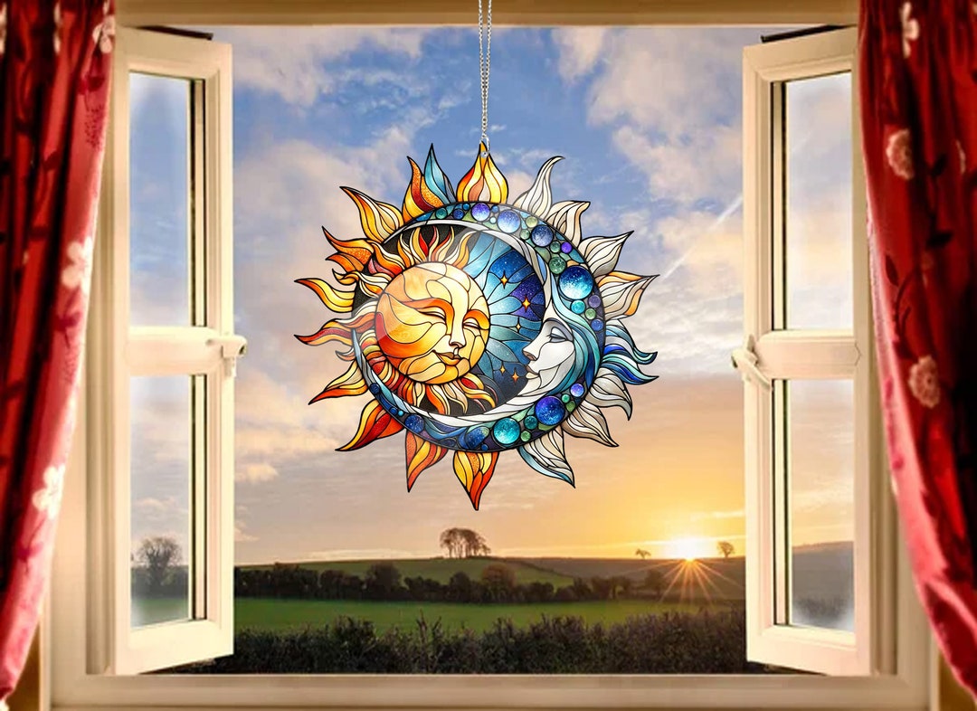 Celestial Sun Moon Acrylic Window Hanging, FAUX Stain Glass, Nature Art ...