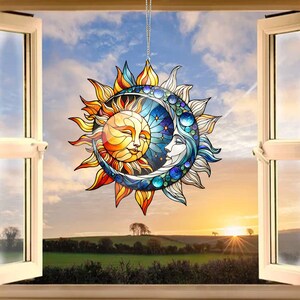 Celestial Sun Moon Acrylic Window Hanging, FAUX Stain Glass, Nature Art ...