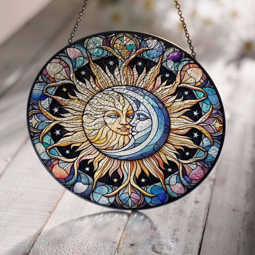 Celestial Sun and Moon GLASS Window Hanging, Starry Nightwittchcraft ...