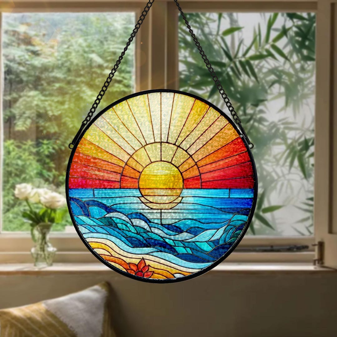 Beach Sunset GLASS Window Decor, Translucent Decor, Beach SUNCATCHER ...