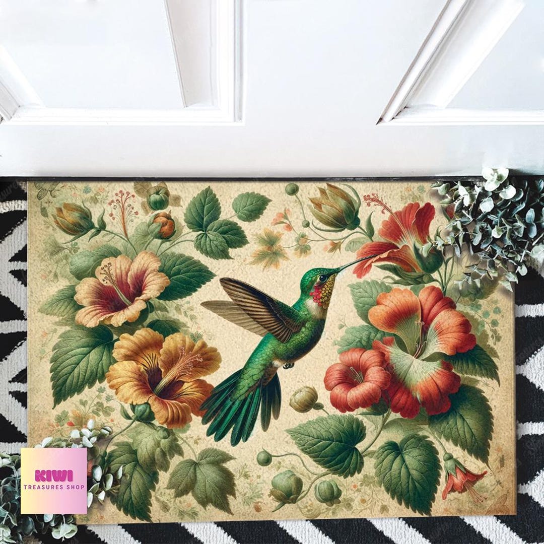 Bontanical Vintage Hummingbird and Flowers Doormat, Home Yard Outdoor ...