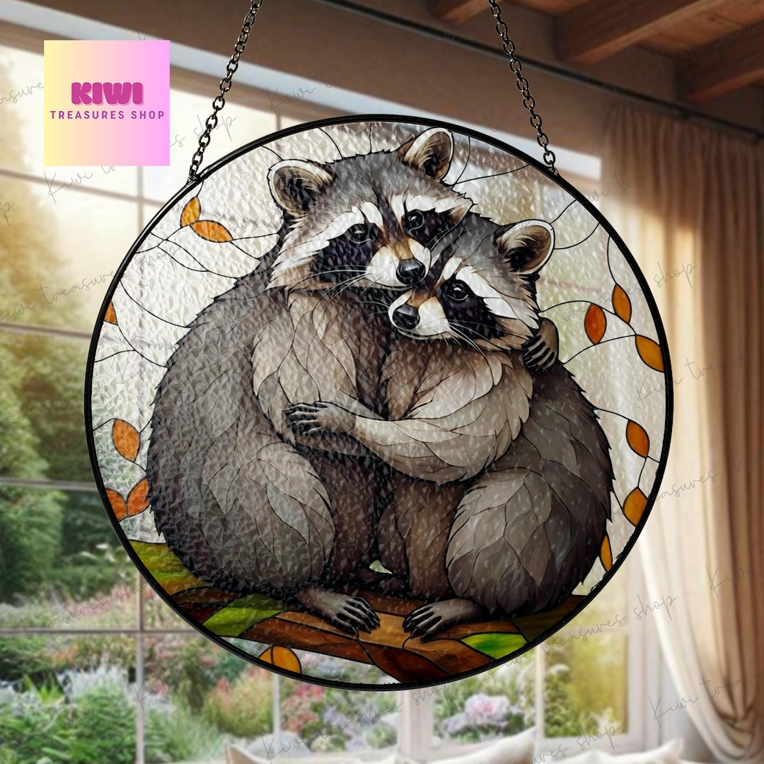 Raccoon Hugging GLASS Suncatcher, Raccoon Decor, Sunflower Decor, Gift ...