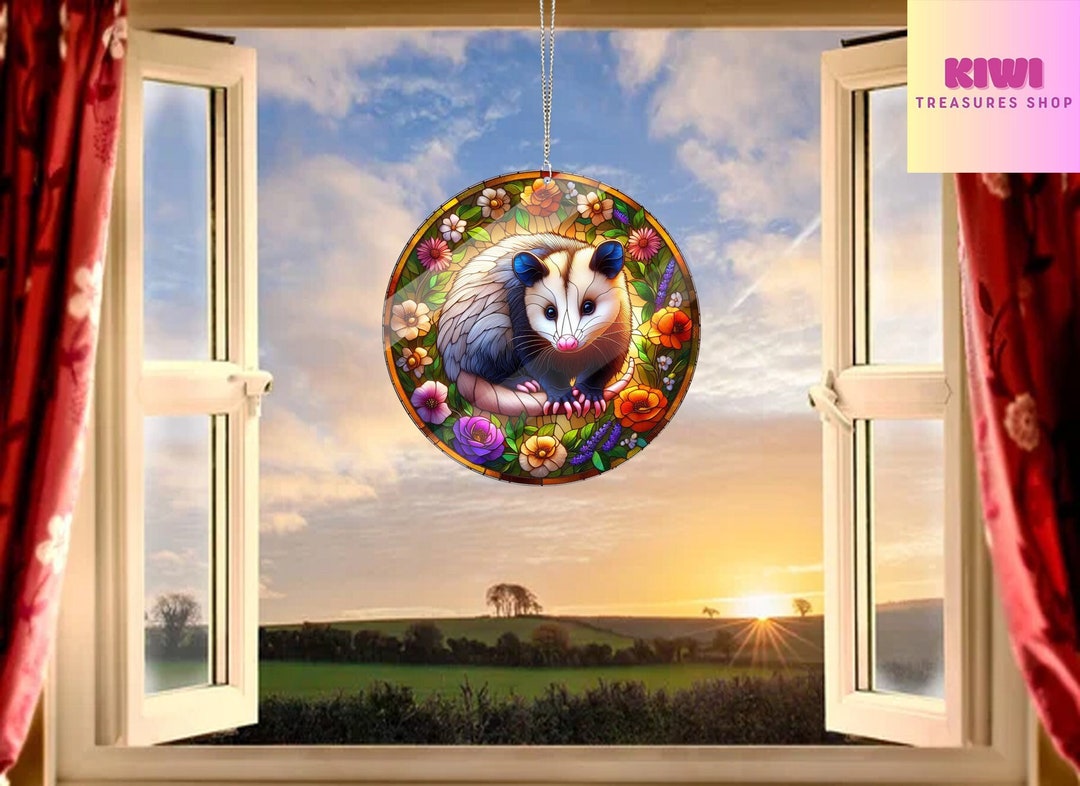 ACRYLIC Opossum in Flowers Garden Window Hanging, FAUX Stain Glass ...